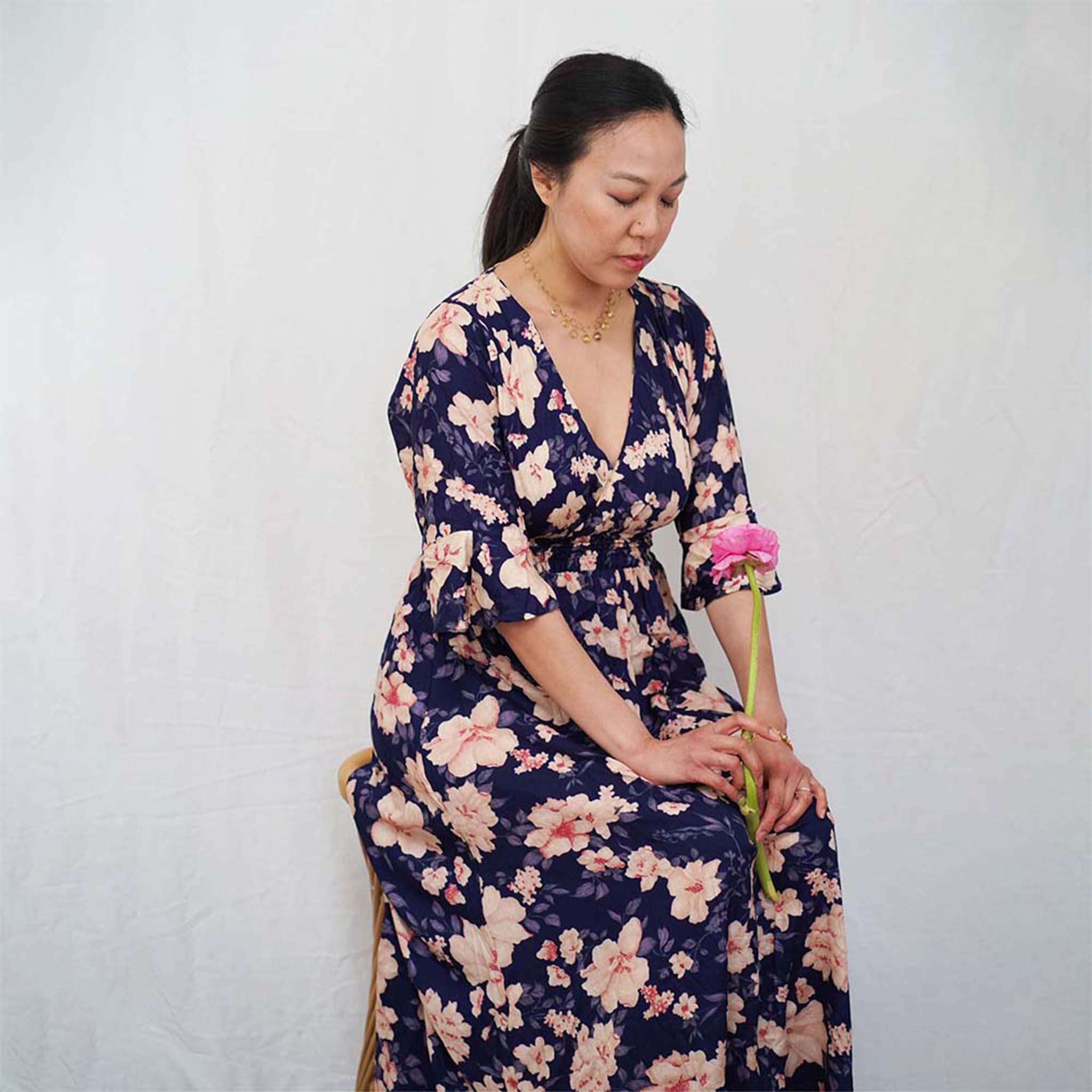 Kasih Co-op Dress Blue Trumpet Sleeve Over the Knee with White and Pink ...