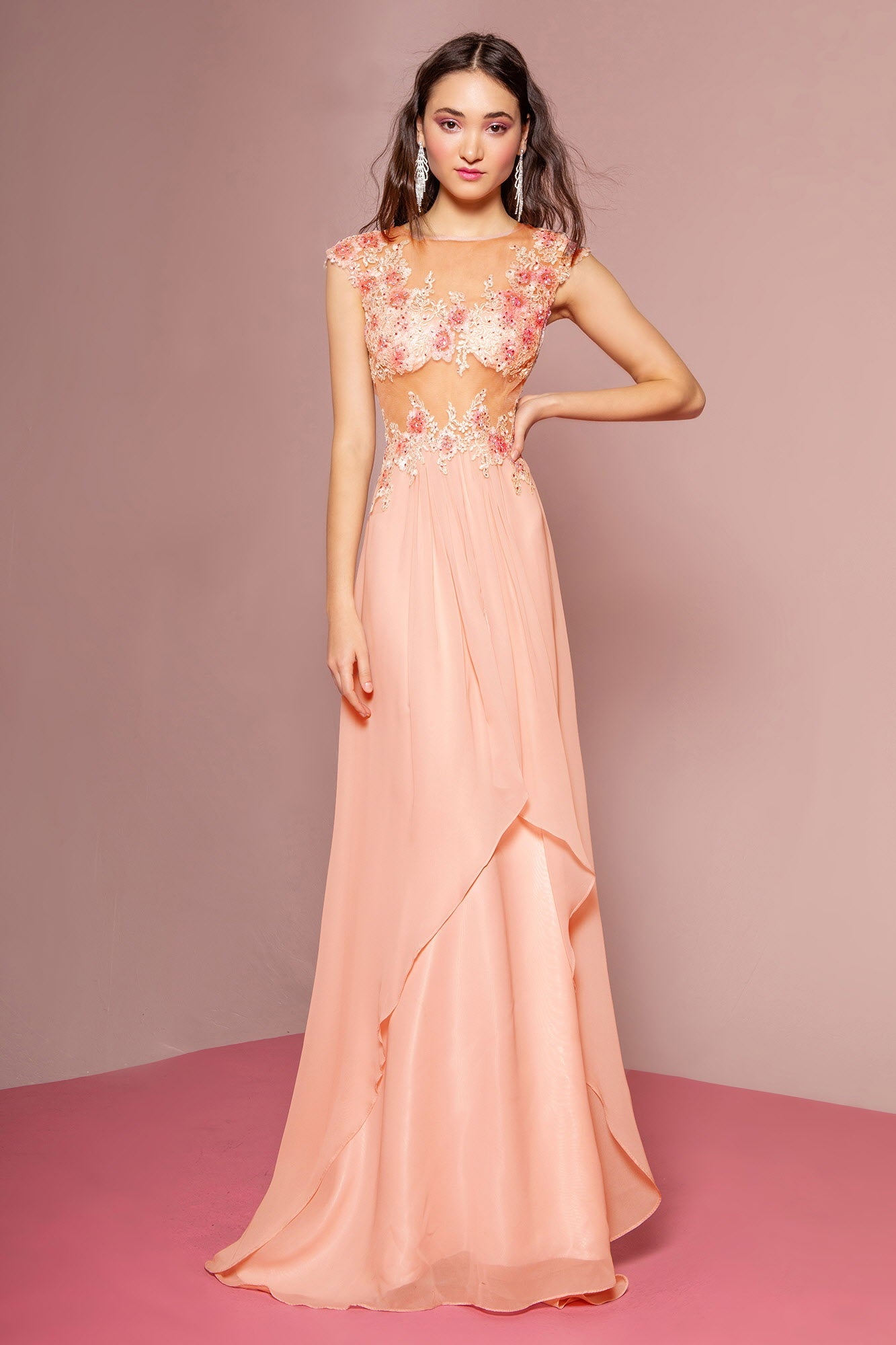 Sheer Bodice and Back Long Dress Accented with Rhinestone Over Floral ...